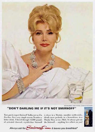 Smirnoff Vodka Zsa Zsa Gabor 1967 | Mad Men Art | Vintage Ad Art Collection